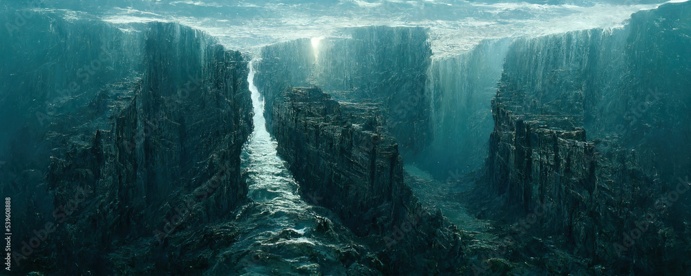 Ocean opening in biblical event of Moses. Opening of the Red Sea. 3D ...