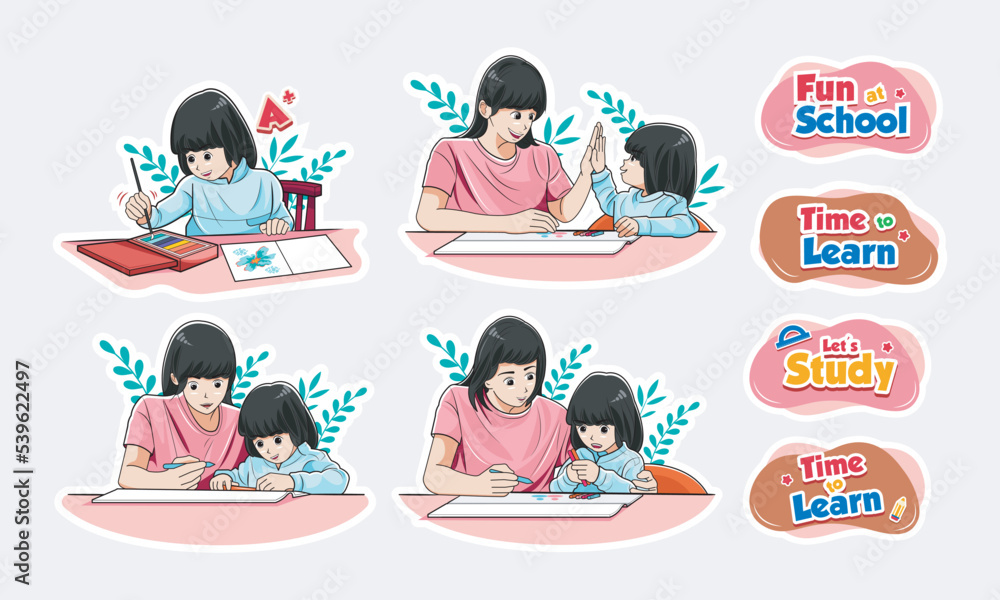 Time To Learn Character Set. Happy kid learn to color from mother ...