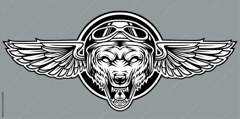 Wolf head logo with additional object one pair of bird wings and helmet ...
