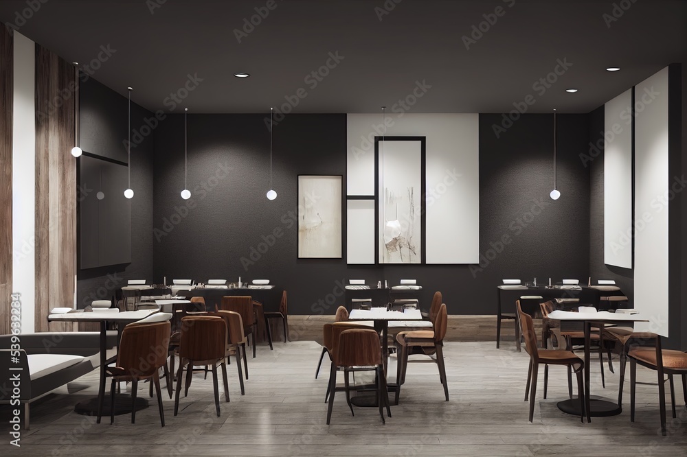 Interior of modern restaurant with dark gray walls, wooden floor ...