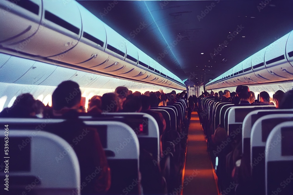 Passengers traveling by a plane, shot from the inside of an airplane ...