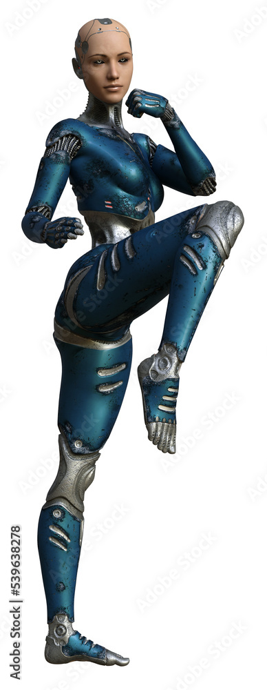 3D rendered female robot in action pose isolated on transparent ...