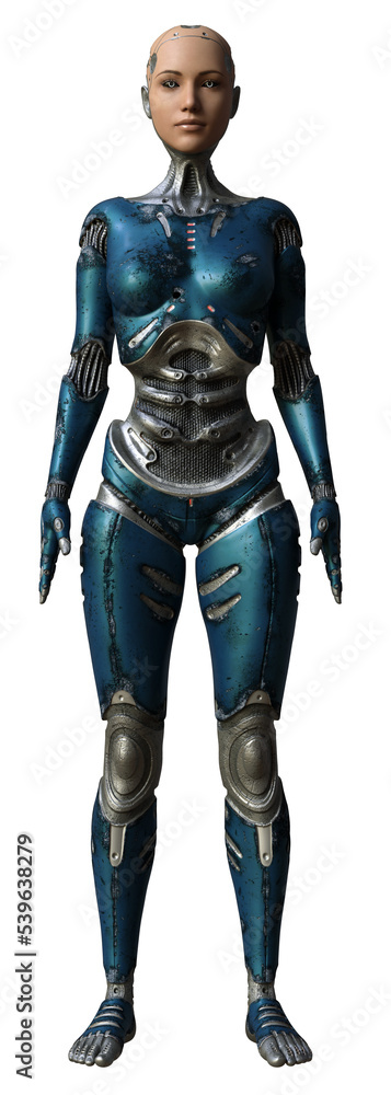 3D rendered female robot in action pose isolated on transparent ...