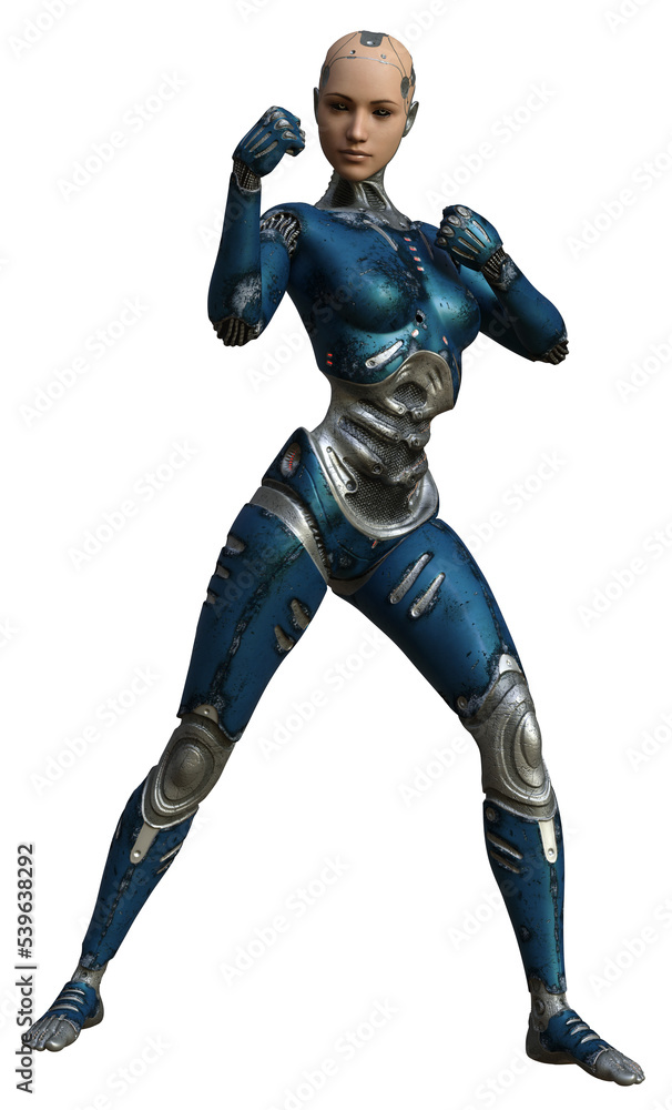 3D rendered female robot in action pose isolated on transparent ...