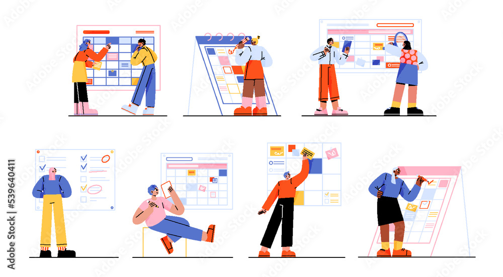 People organize work, planning tasks with calendar and checklists ...