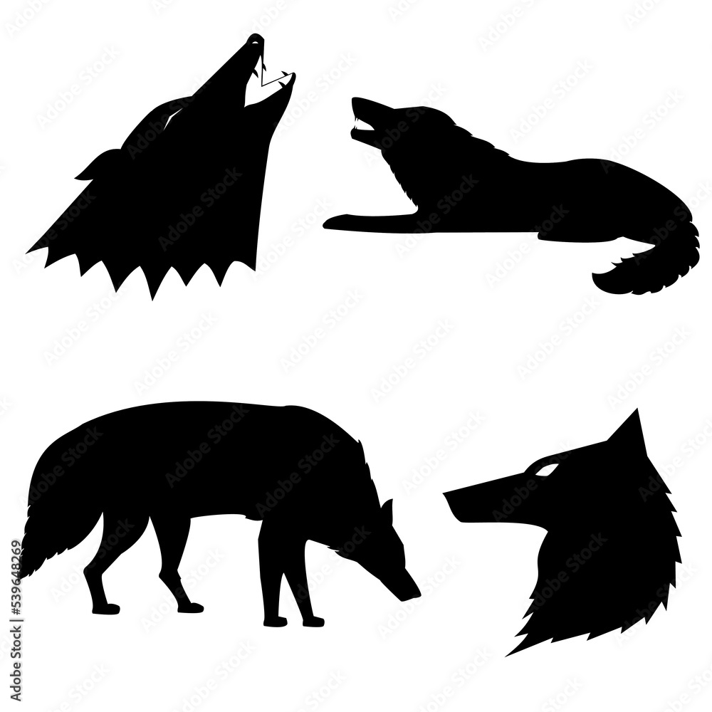The silhouette of a wolf in various postures. wolves set. Vector ...