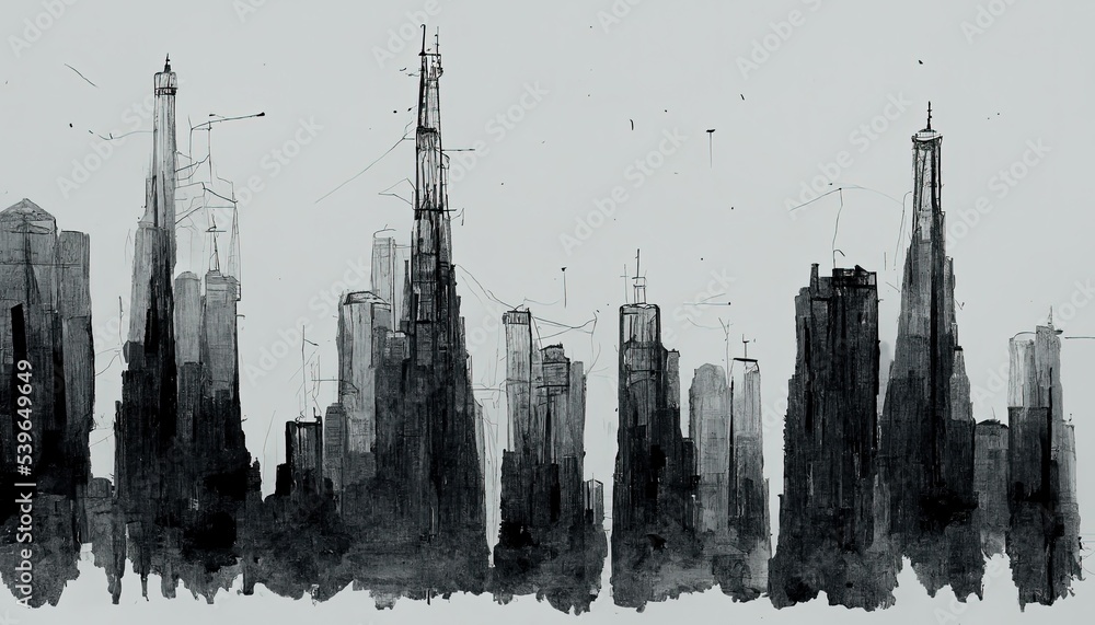 Technical drawing of beautiful city skyline in pencil and watercolor ...