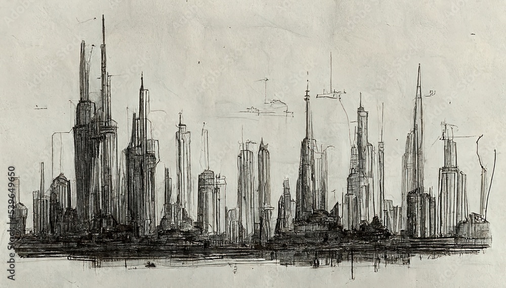 Technical drawing of beautiful city skyline in pencil and watercolor ...