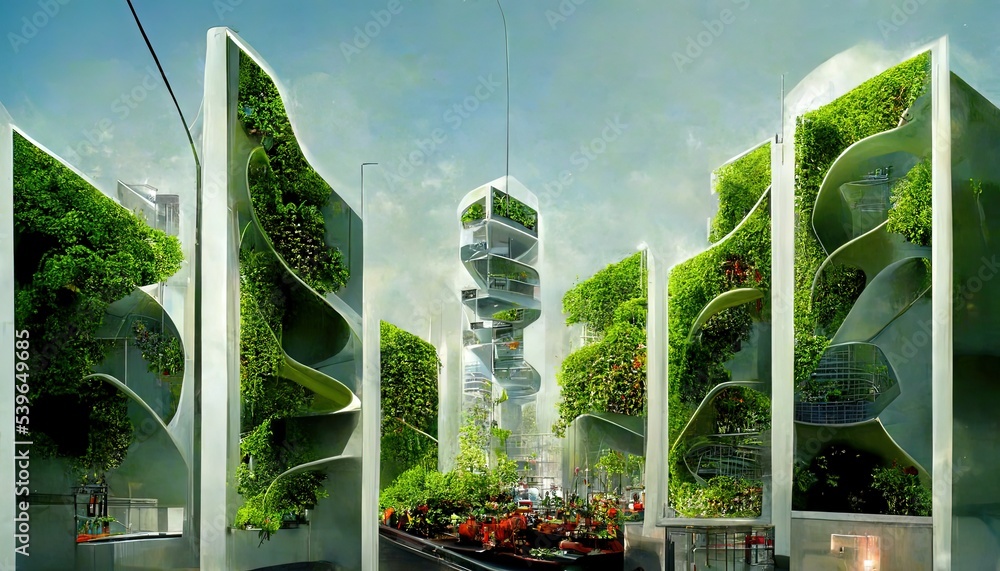 Vertical Garden on futuristic tall buildings, city of tomorow ...