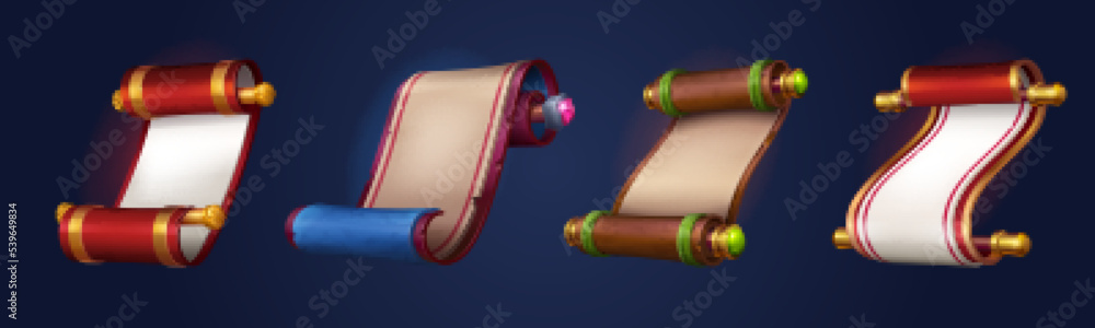 Cartoon set of magic parchment paper scrolls isolated on dark ...