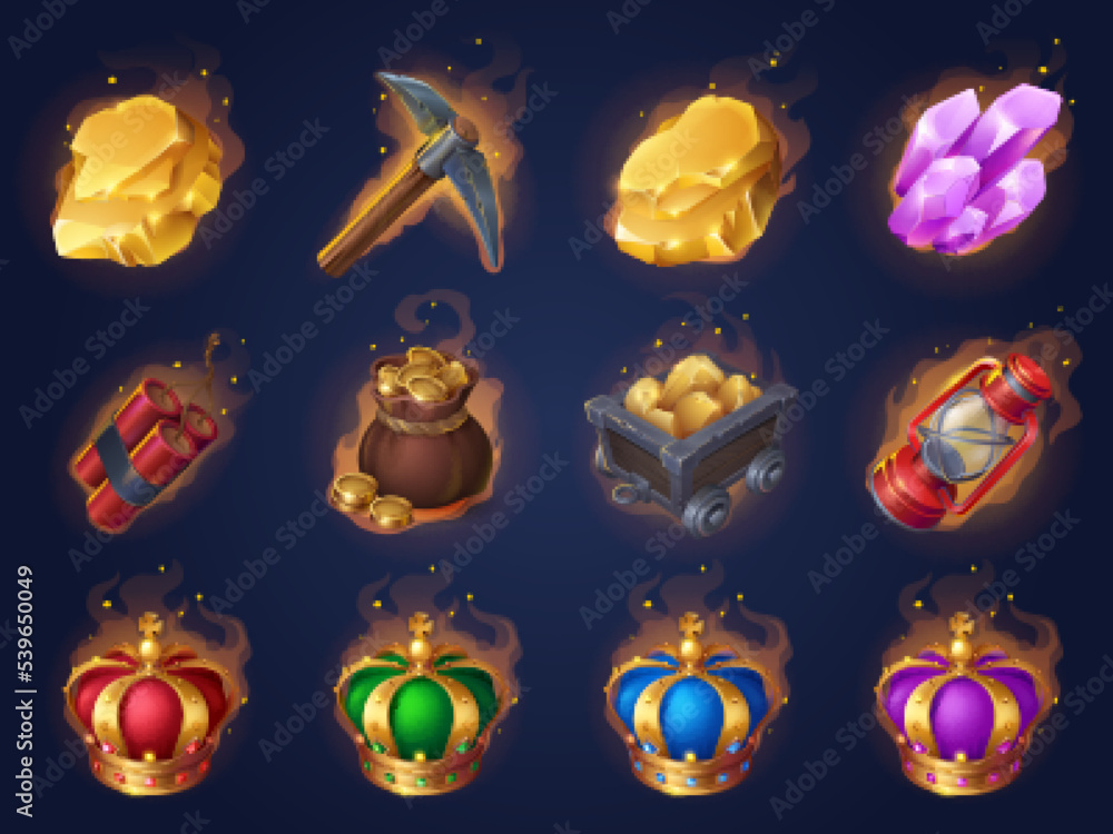 Game mining props icons dynamite, golden crowns, coins, money bag ...