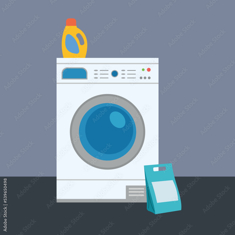 Washing machine with a bottle of washing gel and a bag of powder Stock ...
