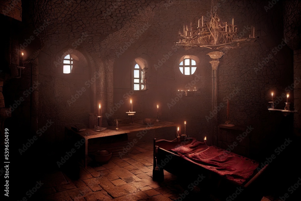 Indoor of a Transylvanian vampire dungeons prisons with writing desk ...