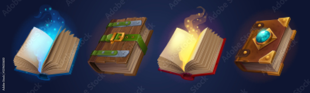 Magic spell books, fantasy alchemy grimoires, closed and open wizard ...