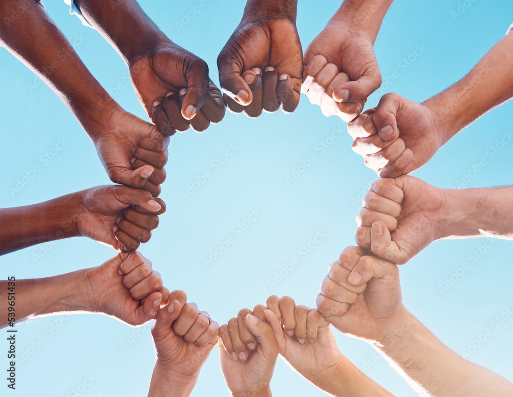 Fist hands, circle and diversity support human rights people, protest ...