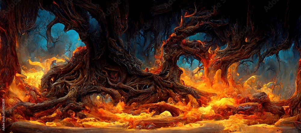 Abstract fantasy woods, ancient oak trees bent and twisted by fiery ...