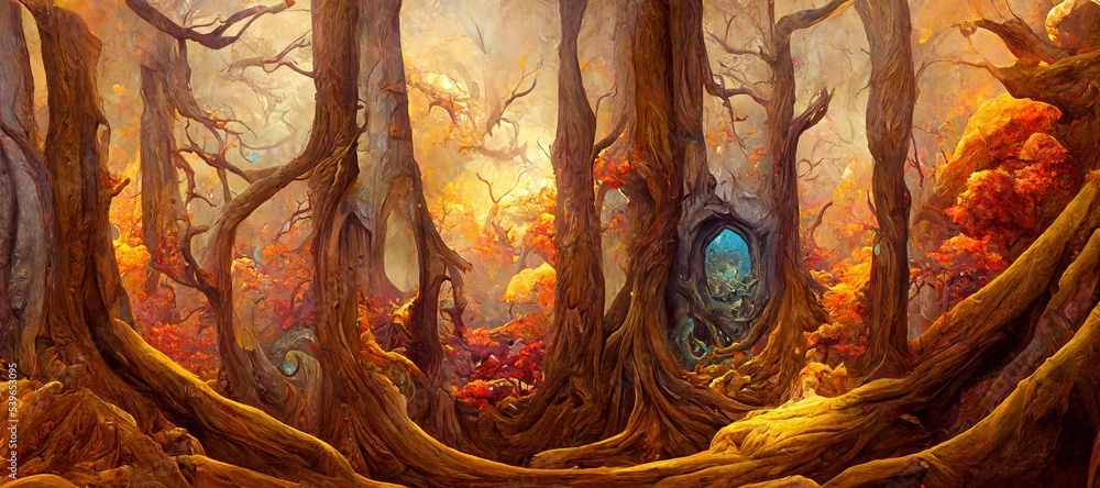 Abstract fantasy woods, ancient oak trees bent and twisted by fiery ...
