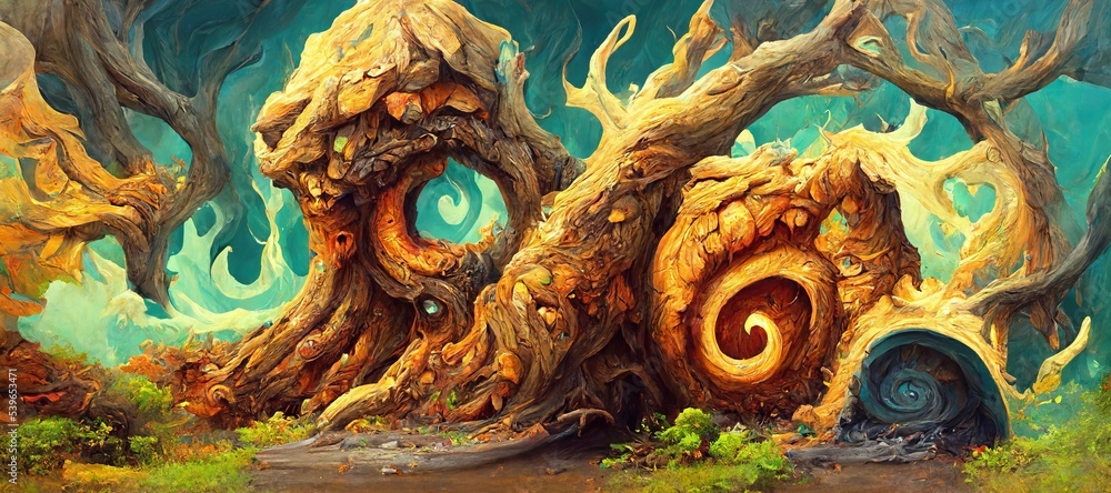 Abstract fantasy woods, ancient oak trees bent and twisted by fiery ...