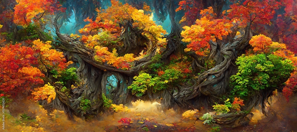 Abstract fantasy woods, ancient oak trees bent and twisted by fiery ...