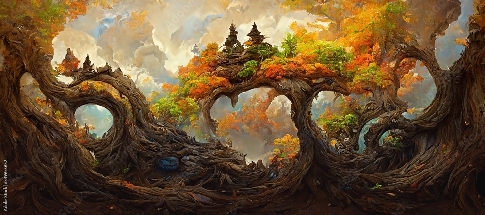 Abstract fantasy woods, ancient oak trees bent and twisted by fiery ...