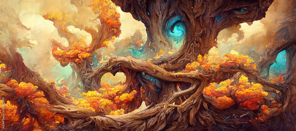 Abstract fantasy woods, ancient oak trees bent and twisted by fiery ...