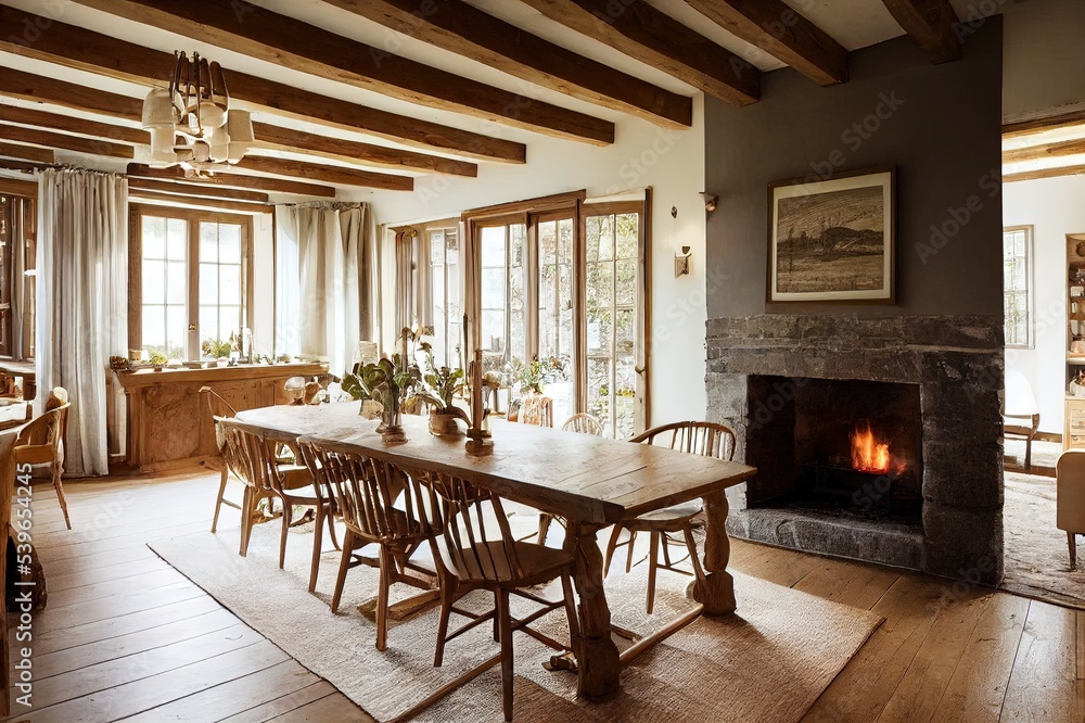 cozy warm home interior of a chic country house with an open plan, wood ...