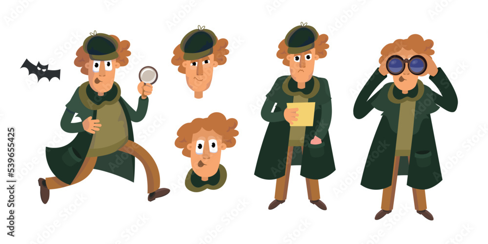 Cute detectives in cartoon style. Set characters for postcards, books ...