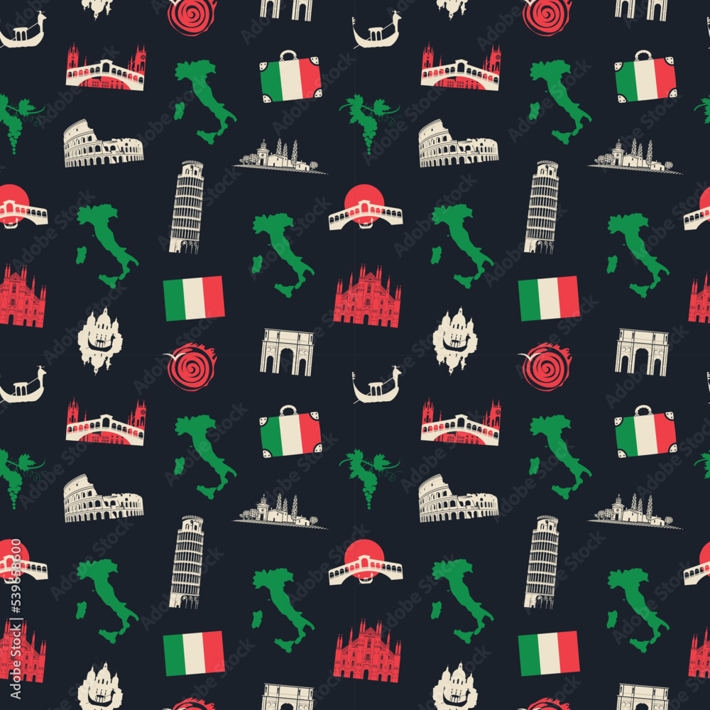 Seamless pattern with Italian symbols, landmarks and map in the colors ...