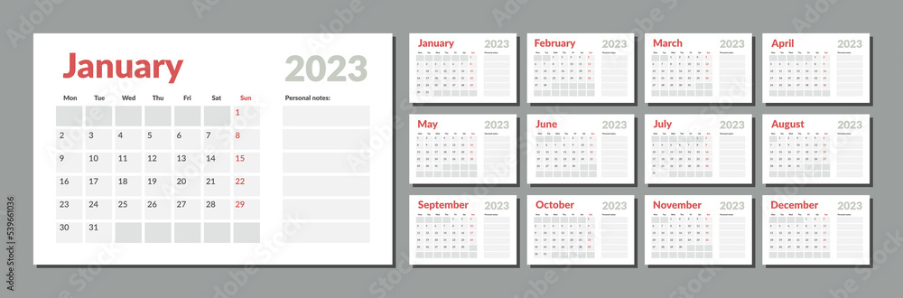2023 Calendar Planner Template with place for notes. Vector layout of a ...