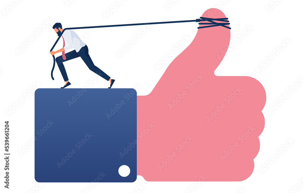 Businessman trying to get more symbols of approval, signs of internet ...