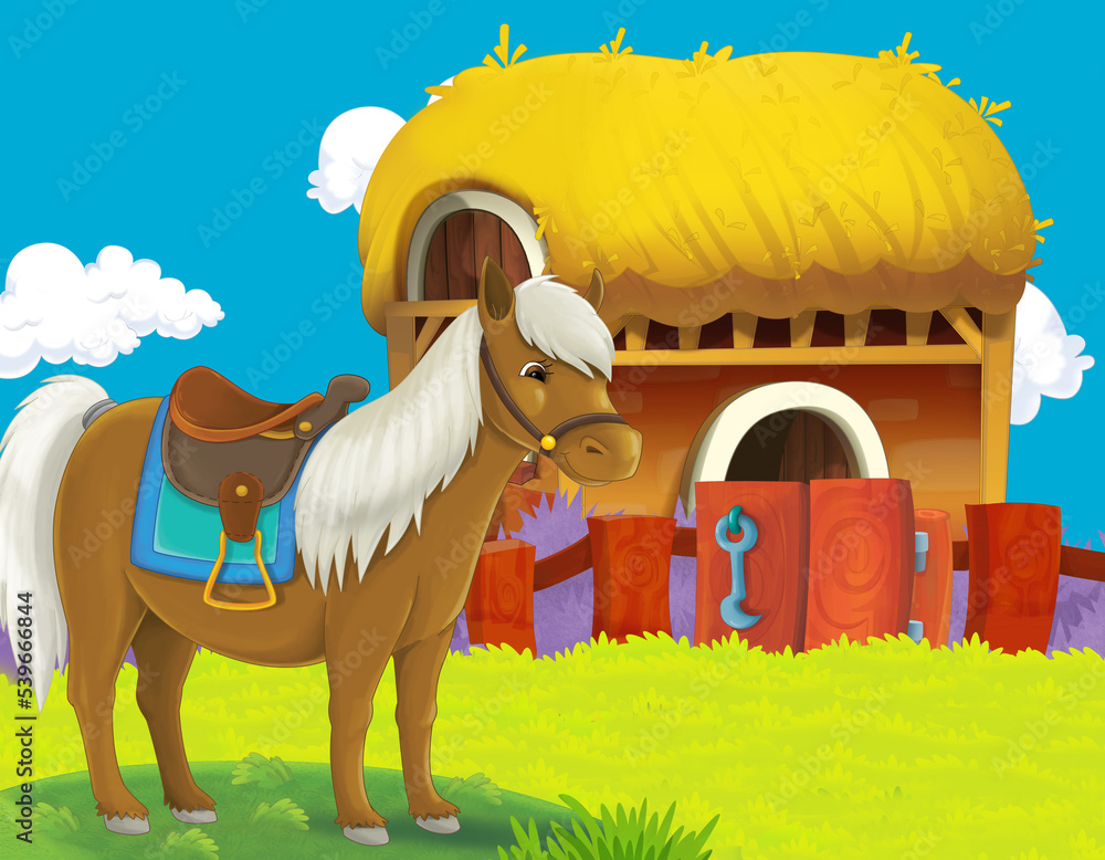 cartoon farm scene with horse stallion illustration Stock Illustration ...