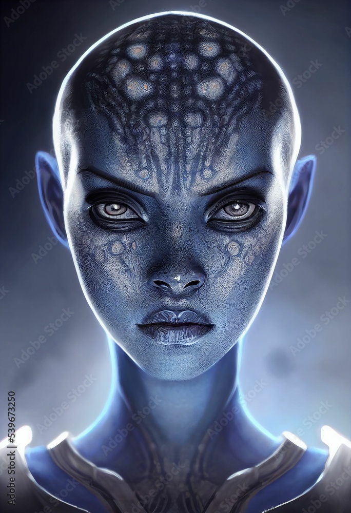 Vertical hyper-realistic illustration of a graceful blue female alien ...