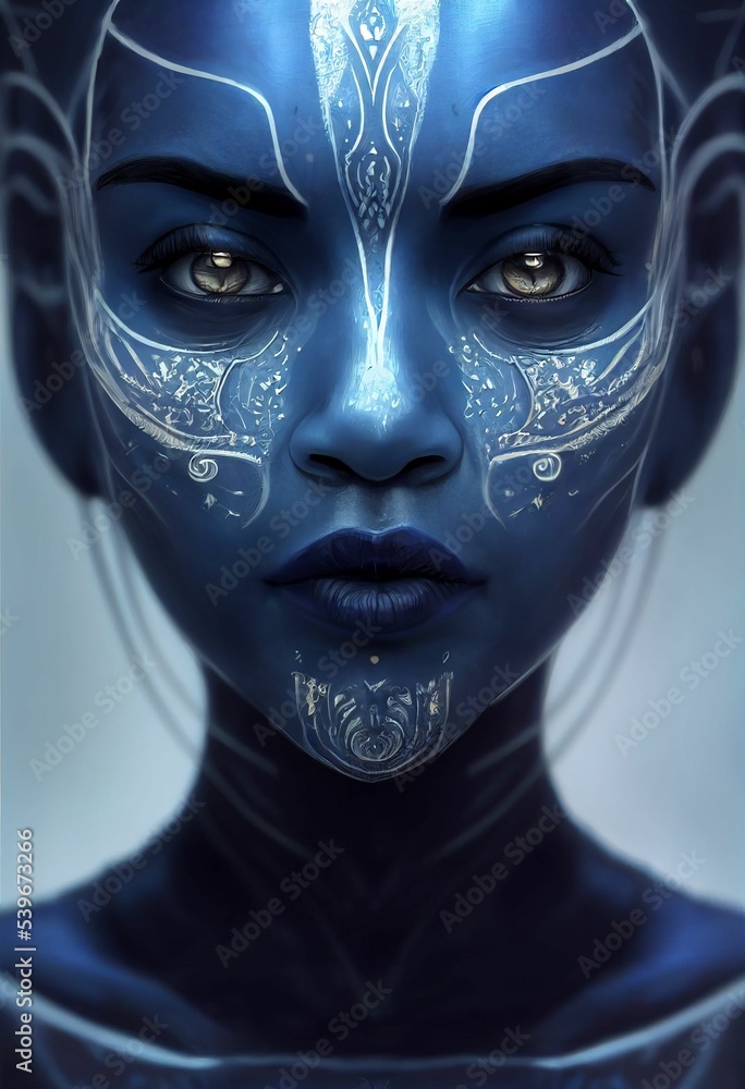 Vertical hyper-realistic illustration of a graceful blue female alien ...