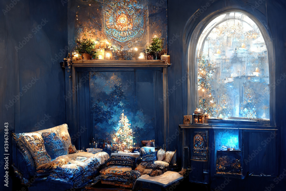 Blue Christmas interior. Living room with blue walls, blue sofa and ...