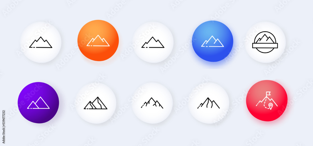 Mountain set icon. Alpinism, climber, travel, tourism, tour agency ...