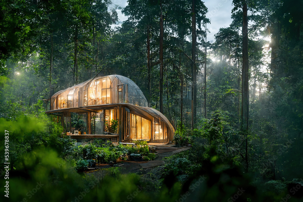 Ecological wooden house with lights on in forest scenery. Eco-friendly ...