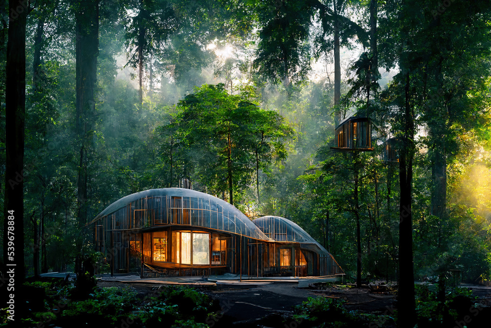 Ecological wooden house with lights on in forest scenery. Eco-friendly ...