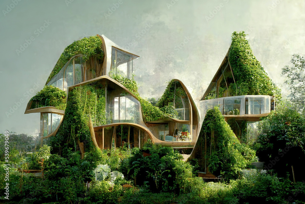 Green building with garden. Parametric solapunk eco-architecture. Green ...