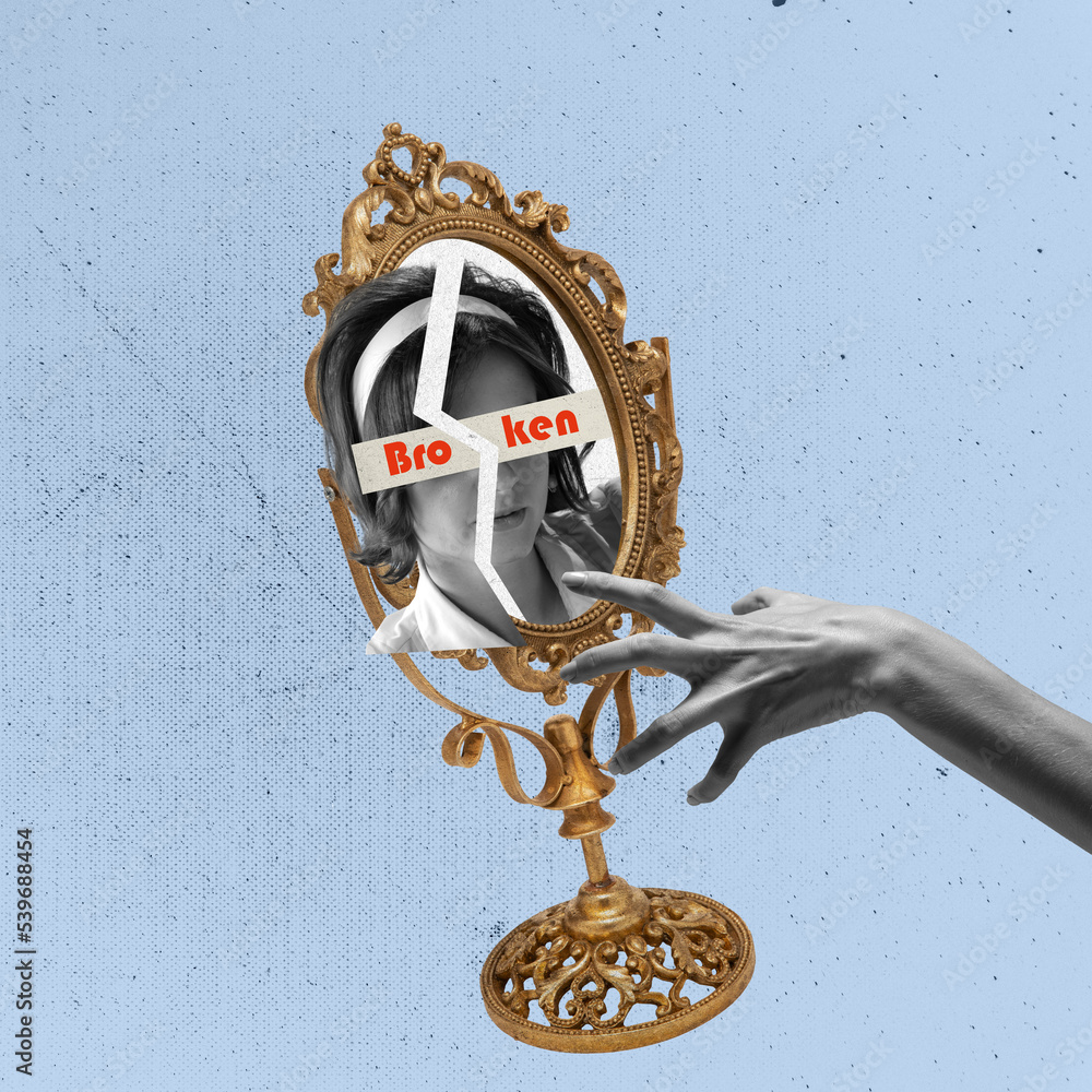 Sad woman in broken mirror reflection. Broken feelings. Contemporary ...