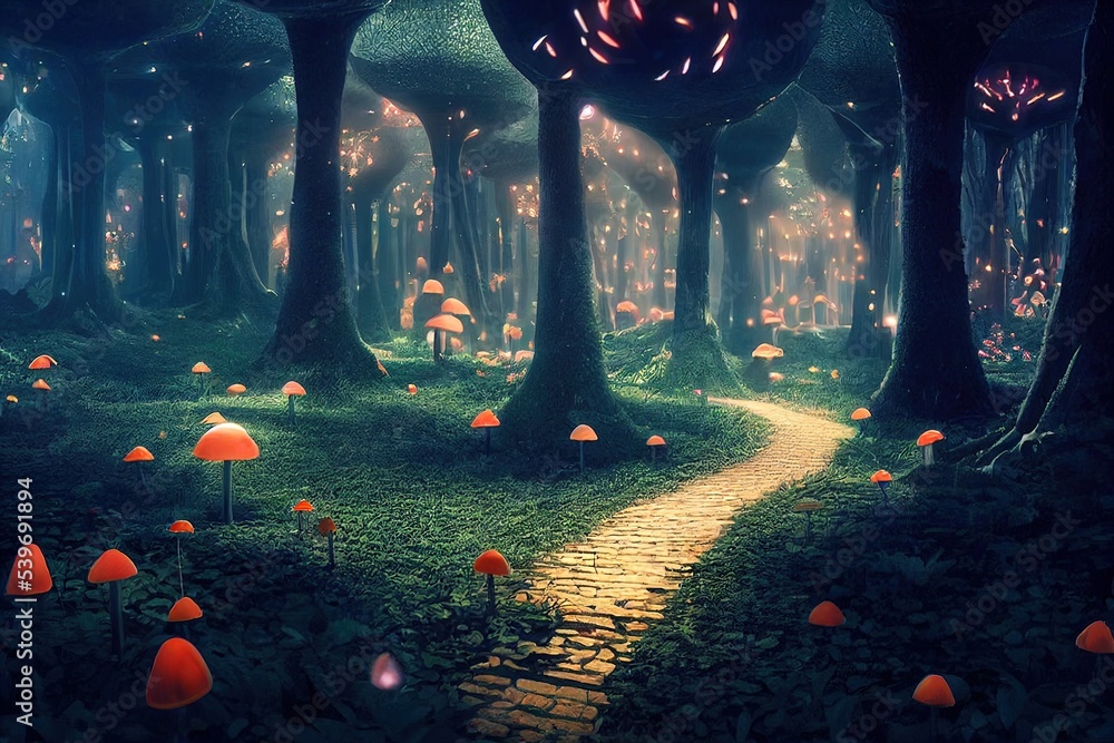 Surreal fantasy land with large forest full of all sizes mushrooms ... Surreal fantasy land with large forest full of all sizes mushrooms ...