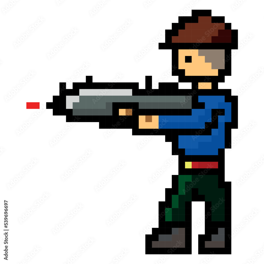 Pixel art male character holding a shotgun, isolated on white ...