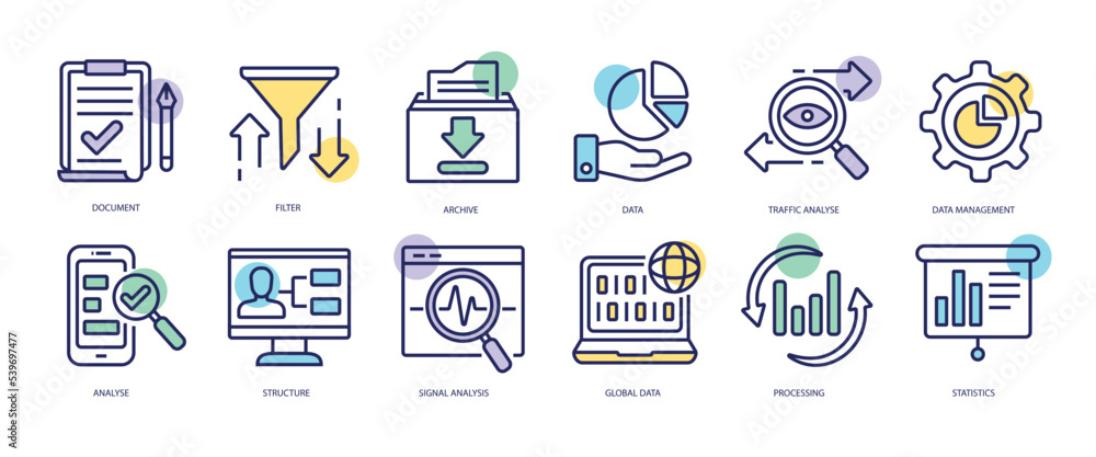 Set of linear icons with Data Analysis concept in purple, yellow on ...