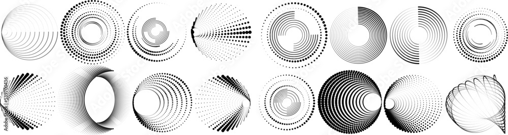 Vetor de Abstract geometric circles with halftone dots. Vector rotating ...