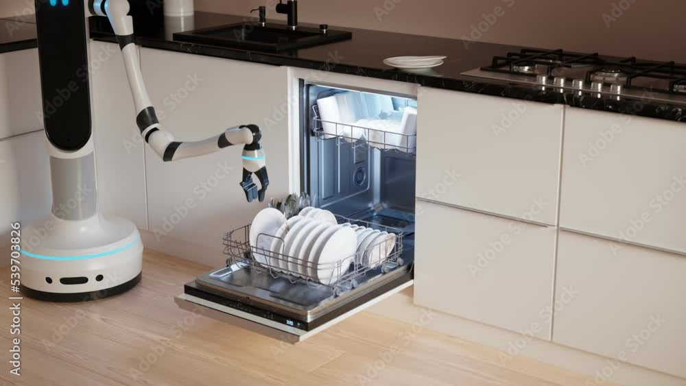 Kitchen robot arm putting dirty dishes into the dishwasher. Automatic ...