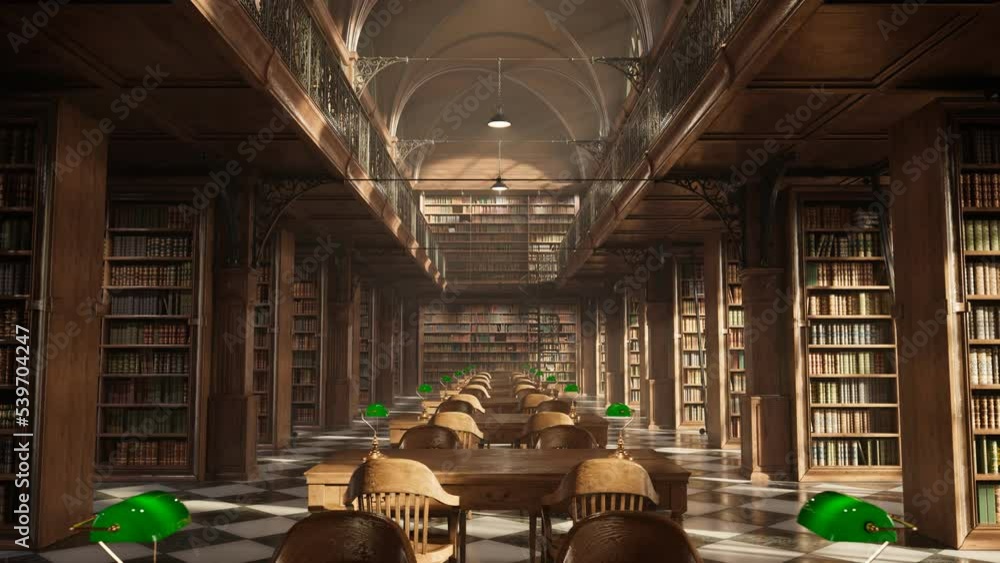 Old library wooden interior with shelves full of vintage books and ...
