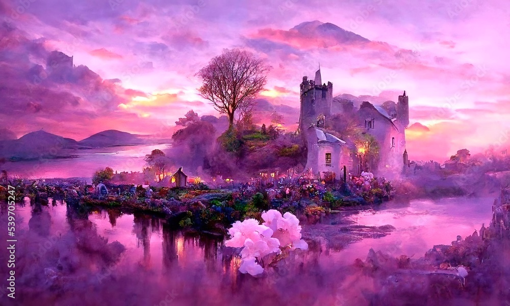 Old castle in a forest reflecting in a water of lake. Purple violet ...