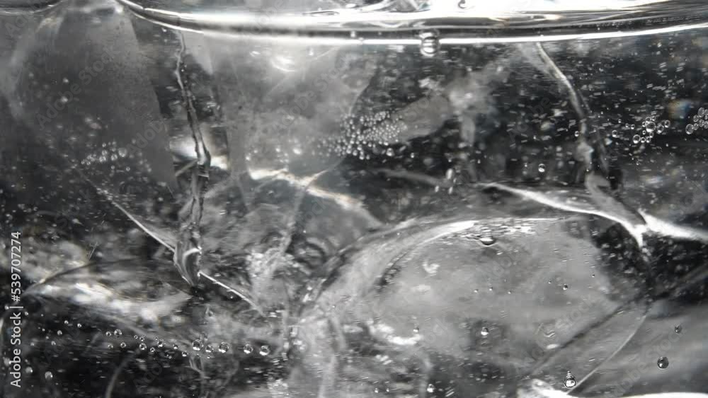 Soda with ice and bubbles. Sparkling cold soft drink, carbonated liquid ...