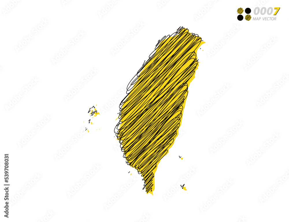 Vector silhouette chaotic hand drawn scribble yellow and black sketch of Taiwan map on white ...