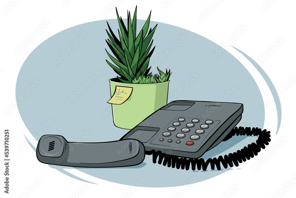 Telephone receiver on a desk at hotline call center office workplace ...