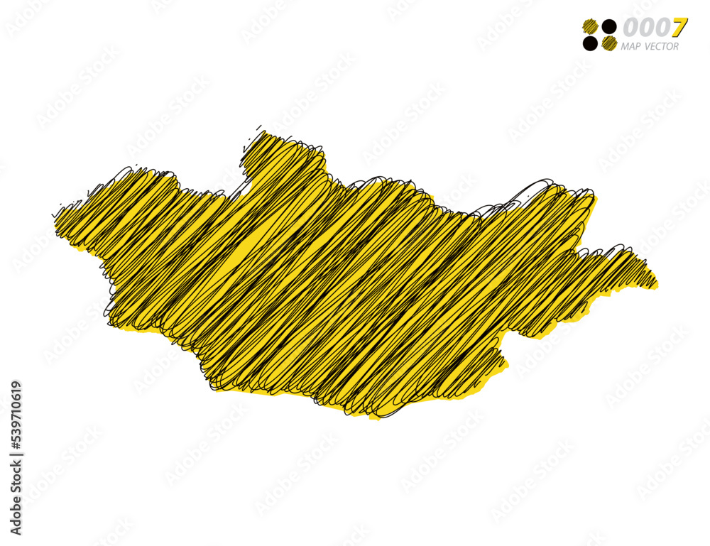 Vector silhouette chaotic hand drawn scribble yellow and black sketch of Mongolia map on white ...